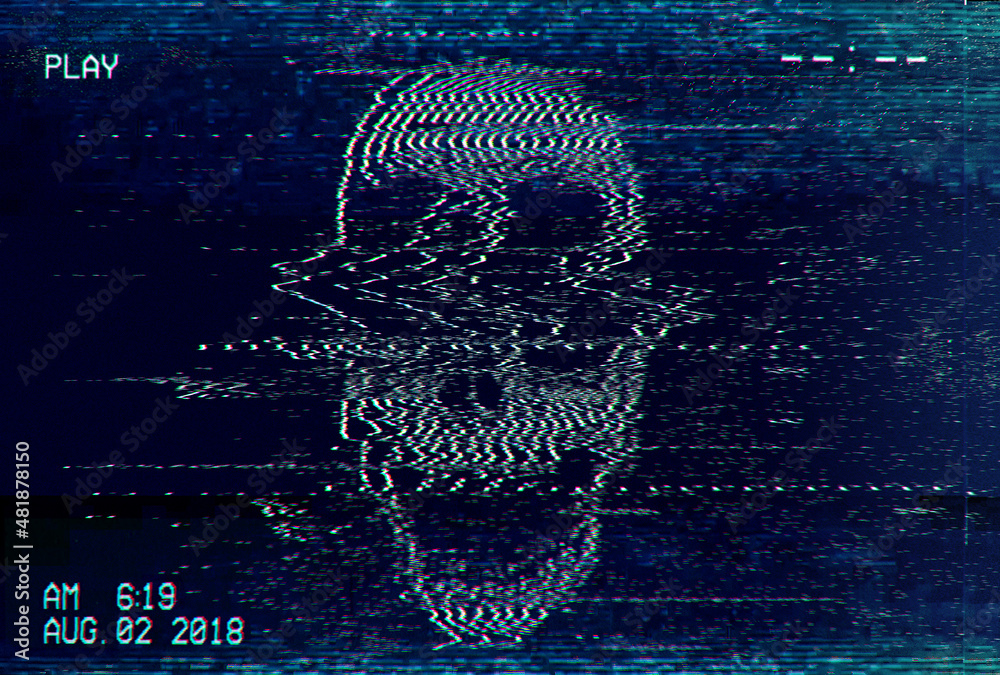 Digital RGB color illustration of GLITCH ART screaming skull in old ...