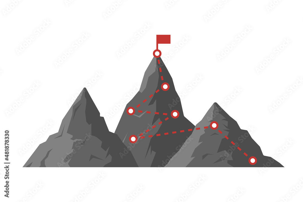 Red flag on the mountain top. Connected red markers go up on the peak ...