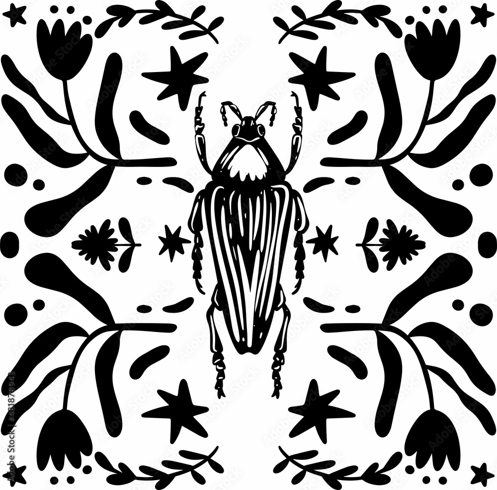 Abstract black and with background with beetle and plants. Background ...