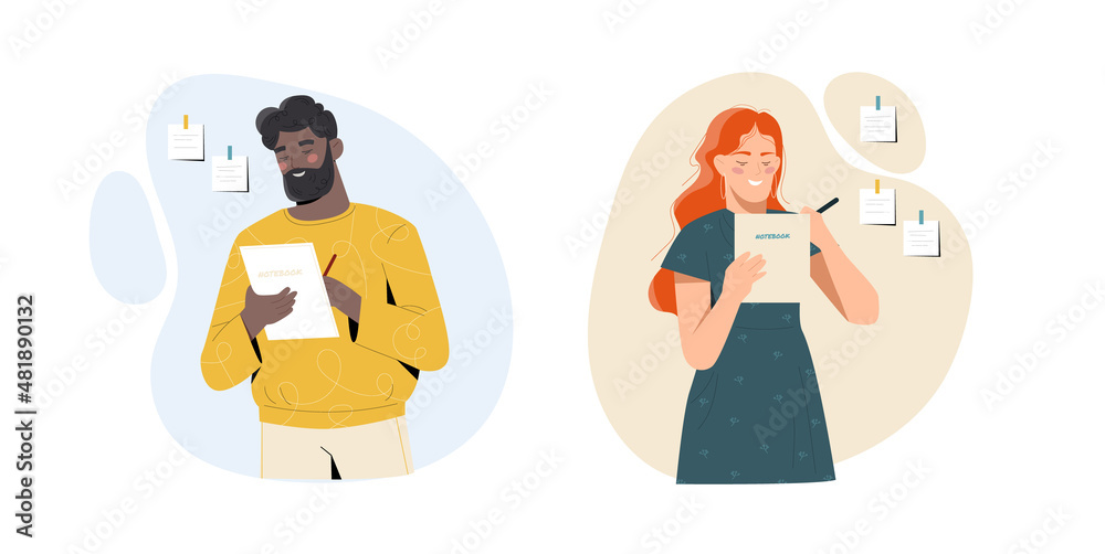 Set of characters taking notes. Man and woman write reminders on ...