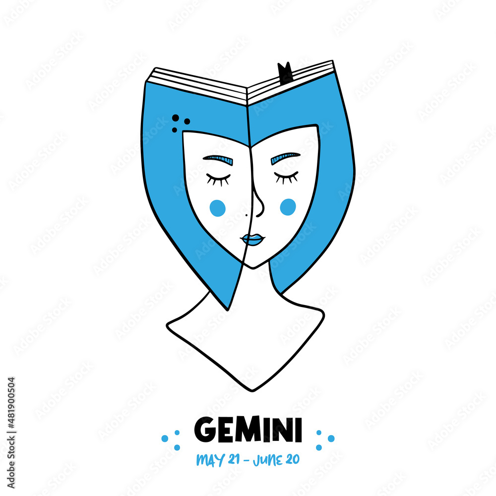 Gemini sign girl conceptual doodle, sketch illustration for astrology ...