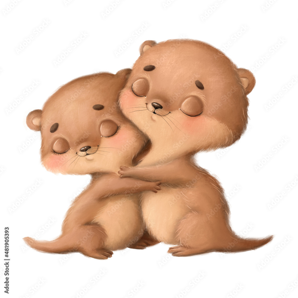 Illustration of cute cartoon animals hugs. Otters. Valentine's day ...
