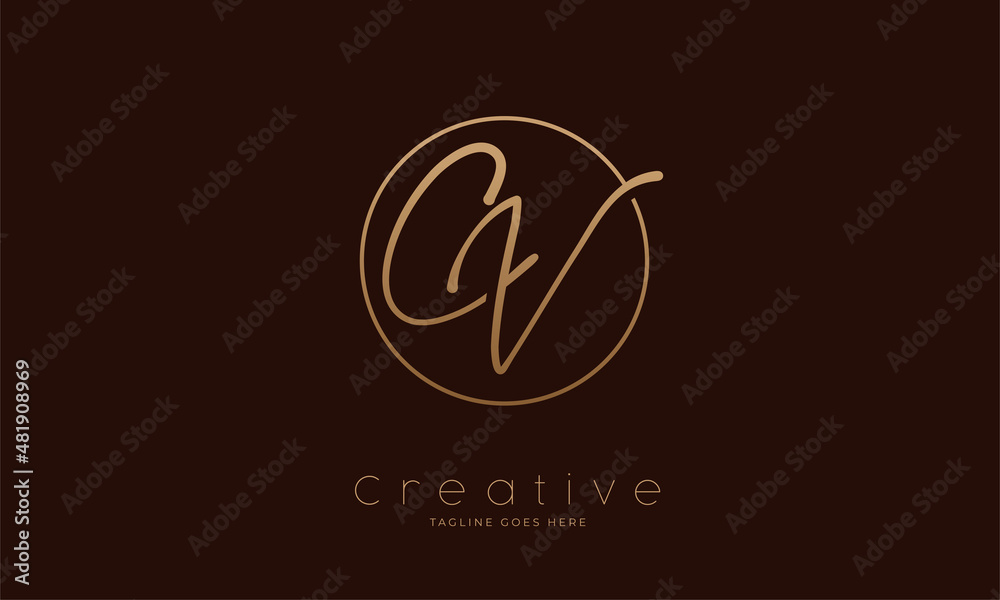 Initial CV Logo. hand drawn letter CV in circle with gold colour ...