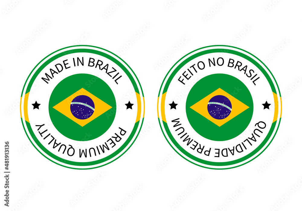Made in Brazil labels round in English and in Portuguese languages ...