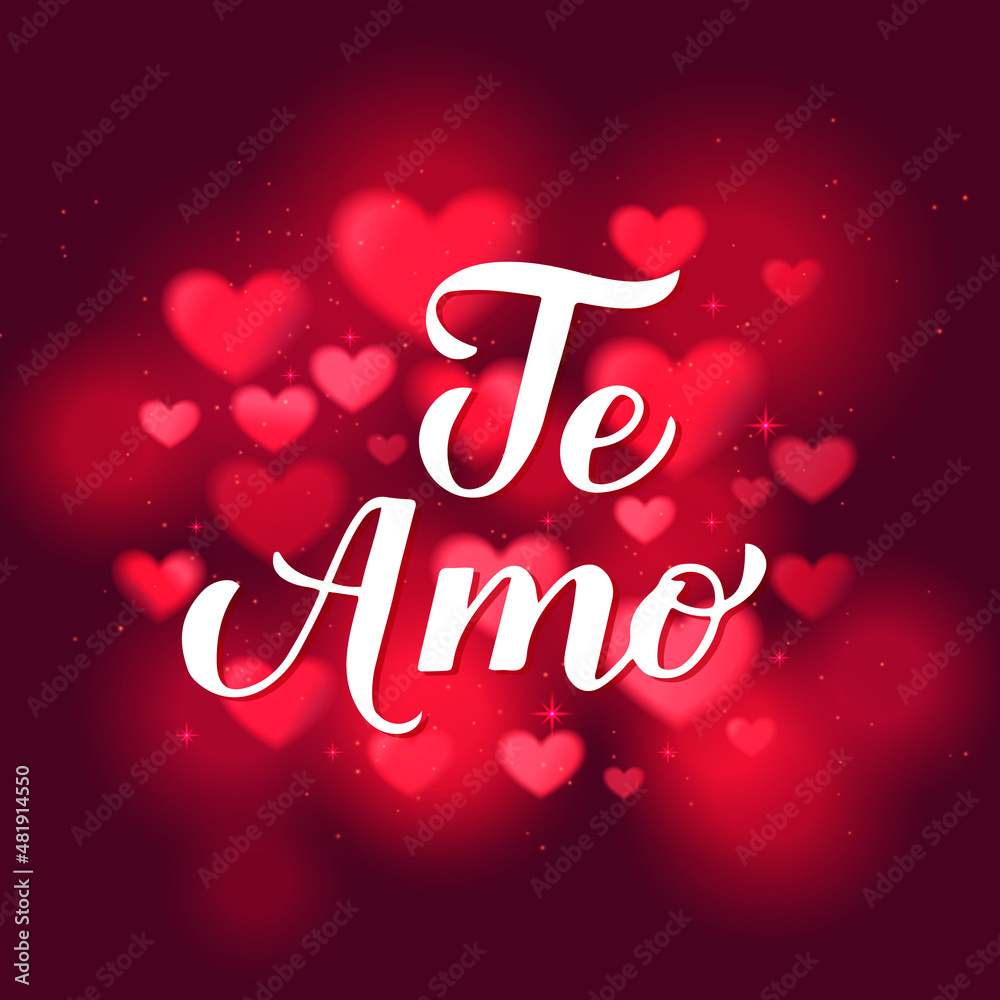 Vecteur Stock Te Amo calligraphy hand lettering on red blurred hearts ...