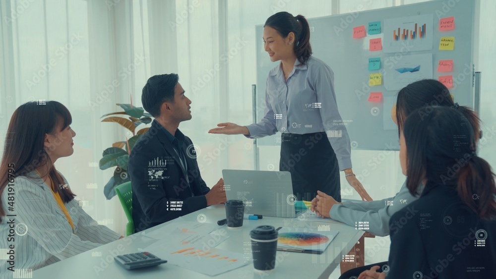 Business people in corporate staff meeting with envisional graphic ...