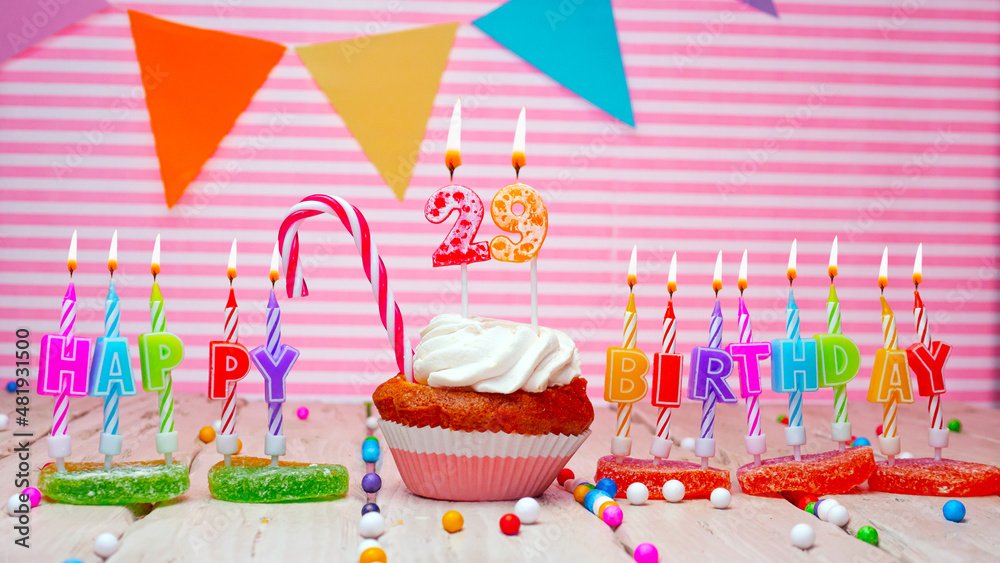 Happy birthday card twenty nine years old on a pink background, with a ...