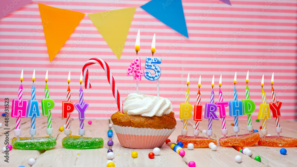 Happy birthday card forty-five years old on a pink background, with a ...