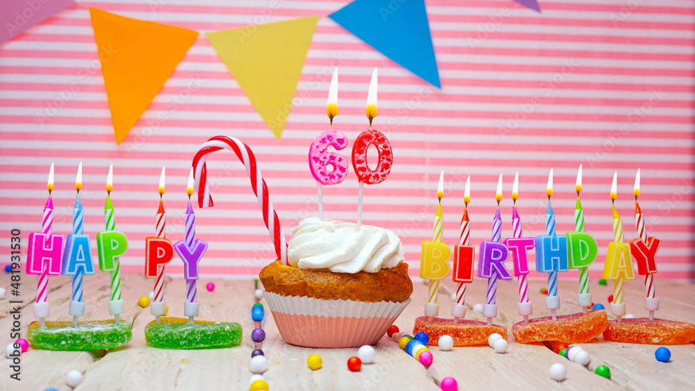 Happy birthday card sixty years old on a pink background, with a number ...
