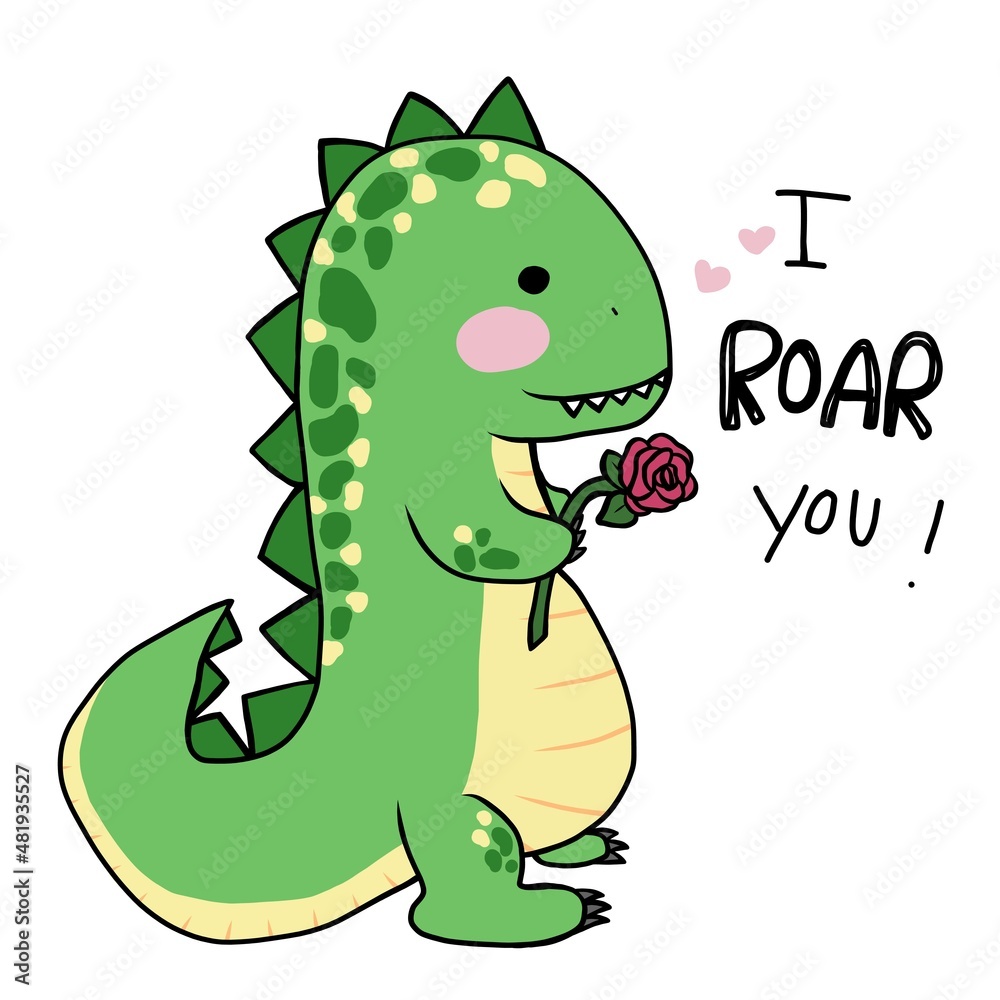 Dinosaur with rose flower, I roar you cartoon vector illustration Stock ...