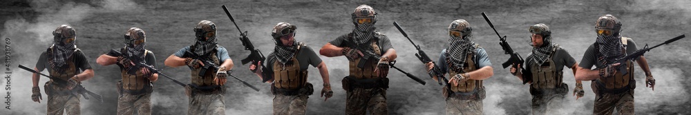 Large group mercenaries soldiers, during a special operation in smoke ...