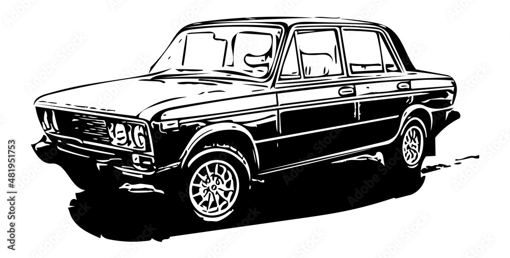 Old car VAZ Lada 2106 silhouette sketch. Outline drawing sedan auto ...