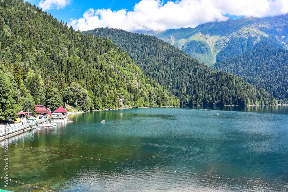 Beautiful mountain Lake Ritsa. Lake Ritsa in the Caucasus Mountains, in ...