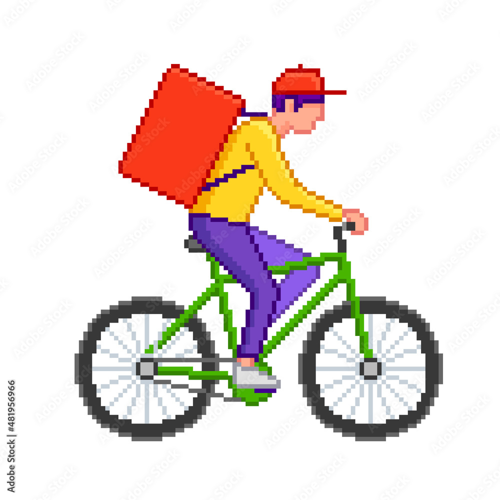 Pixel Art Delivery man with red bag on green bicycle isolated on white ...