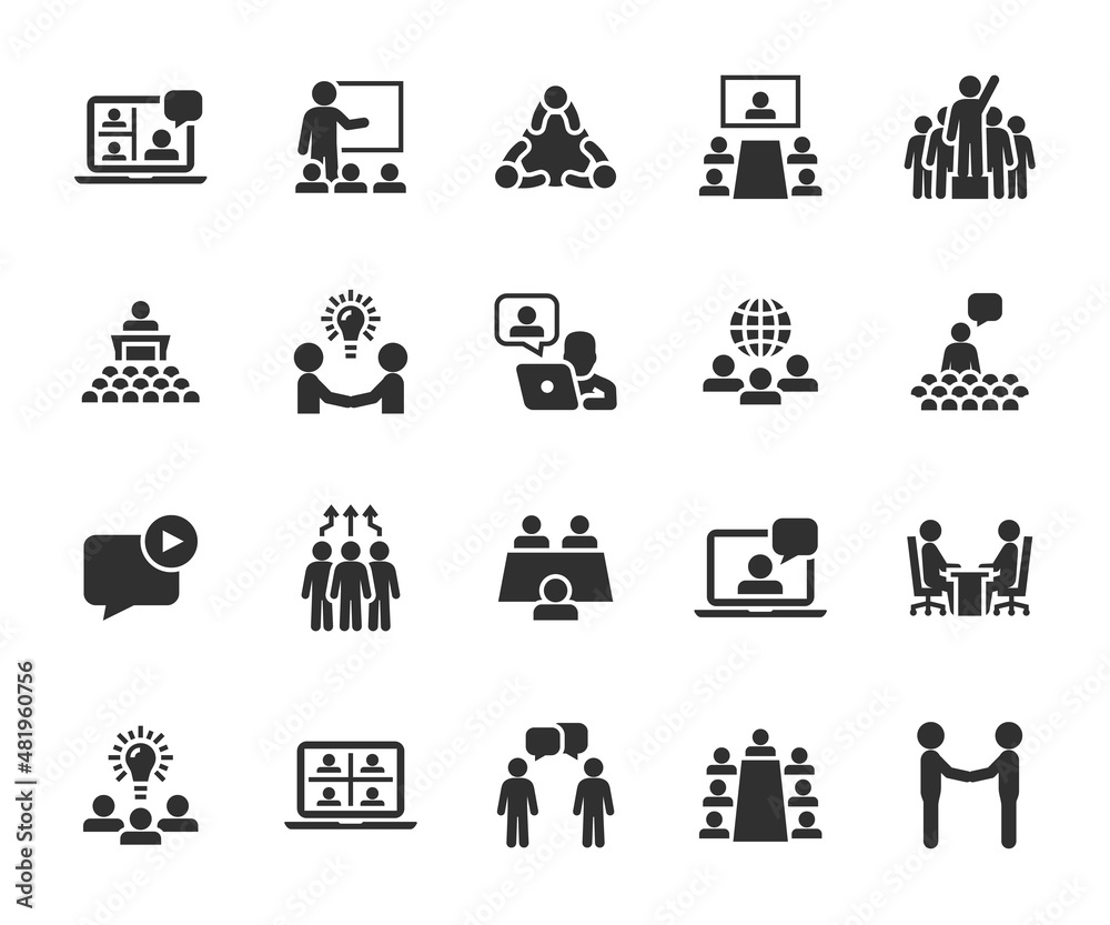 Vector set of meeting flat icons. Contains icons video conference ...