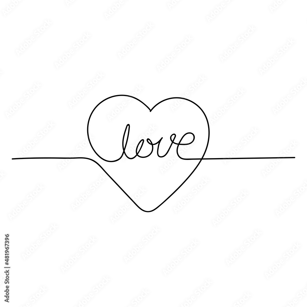 Continuous line drawing of two hearts and word LOVE, Black and white ...