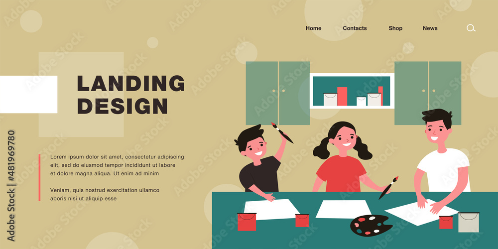 Cartoon group of children drawing together. Flat vector illustration ...