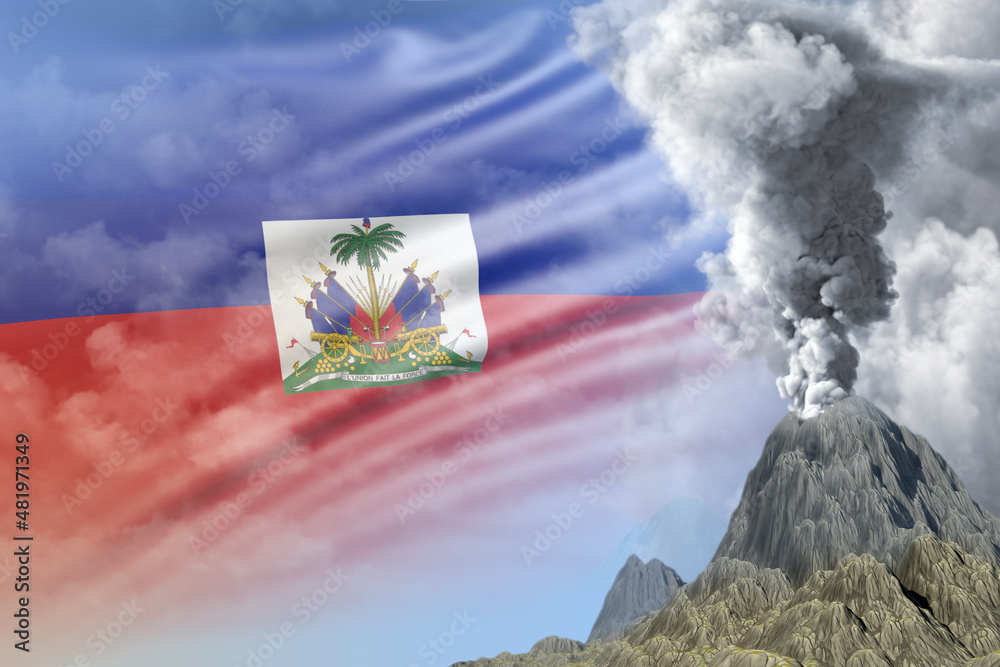 high volcano blast eruption at day time with white smoke on Haiti flag ...
