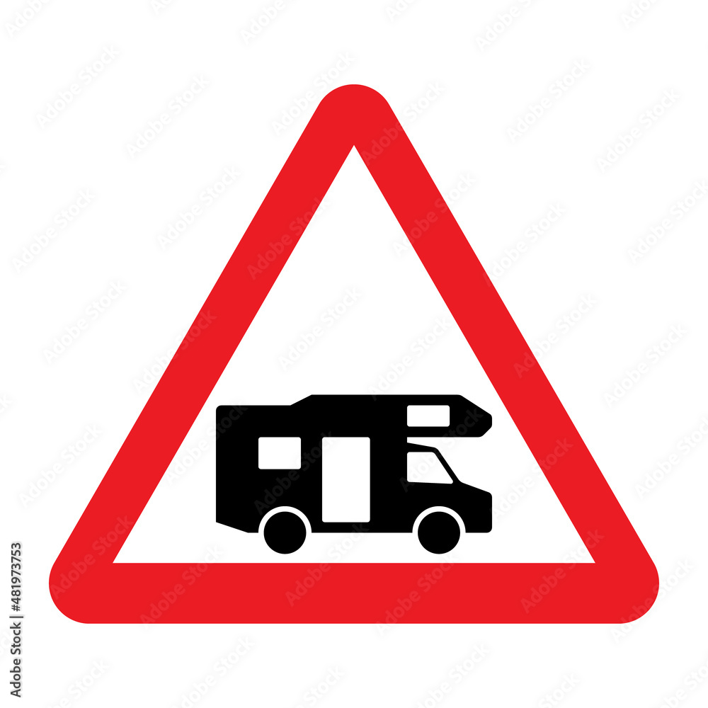 Motor caravan campsite road warning sign. Vector illustration of red ...