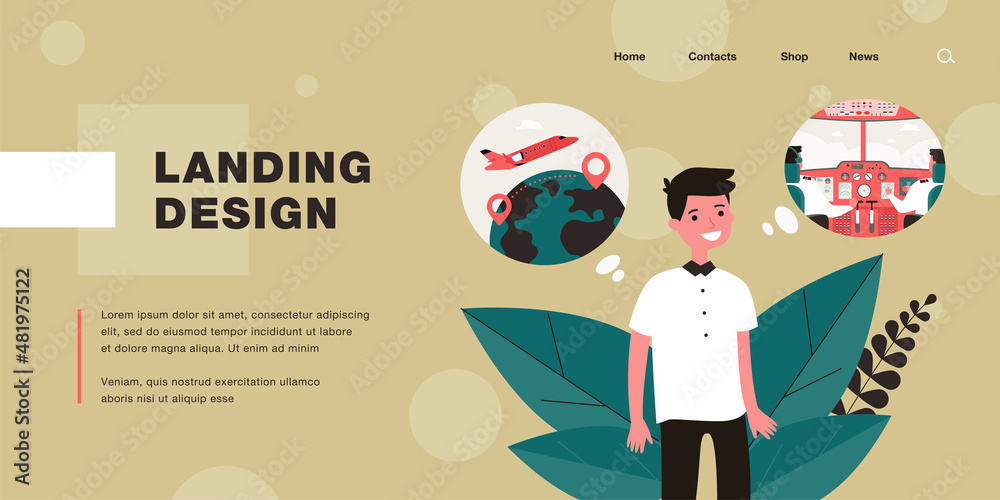 Cartoon little boy dreaming of becoming pilot. Flat vector illustration ...