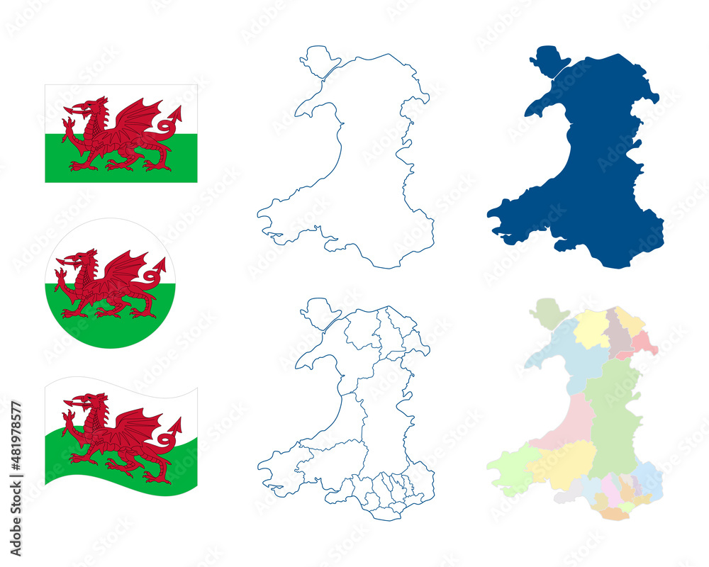 Wales map. Detailed blue outline and silhouette. Administrative ...