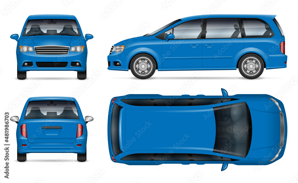 Blue minivan vector mockup on white background for vehicle branding ...