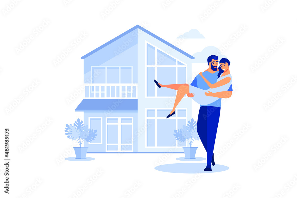 woman being carried by her lover outside his house. Young people bought ...