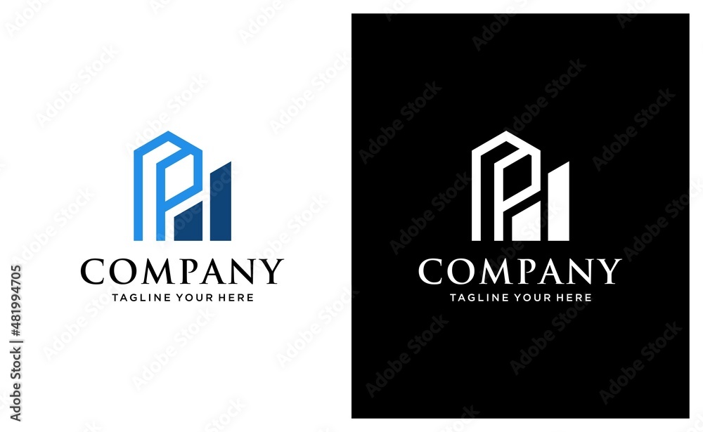 letter P and building logo design vector template. on a black and white ...