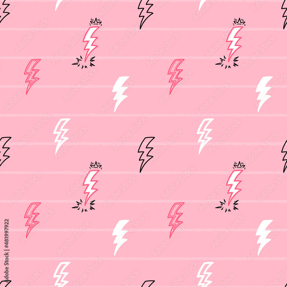 Lightning Bolt Signs Vector Seamless Pattern. Pink Black White ...