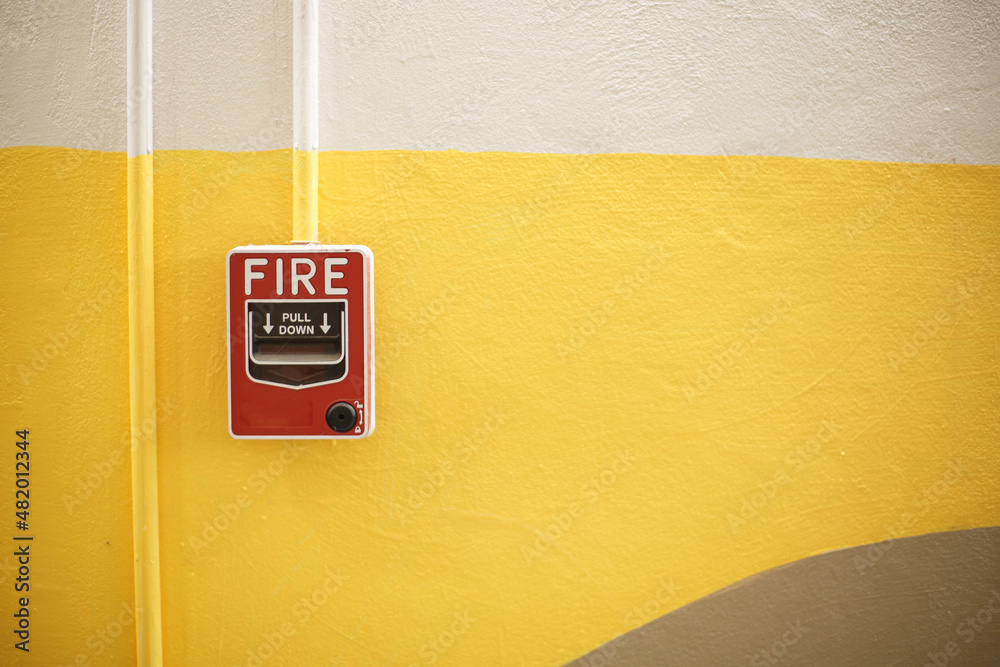 Red manual pull fire alarm safety system. Pull station or call point ...