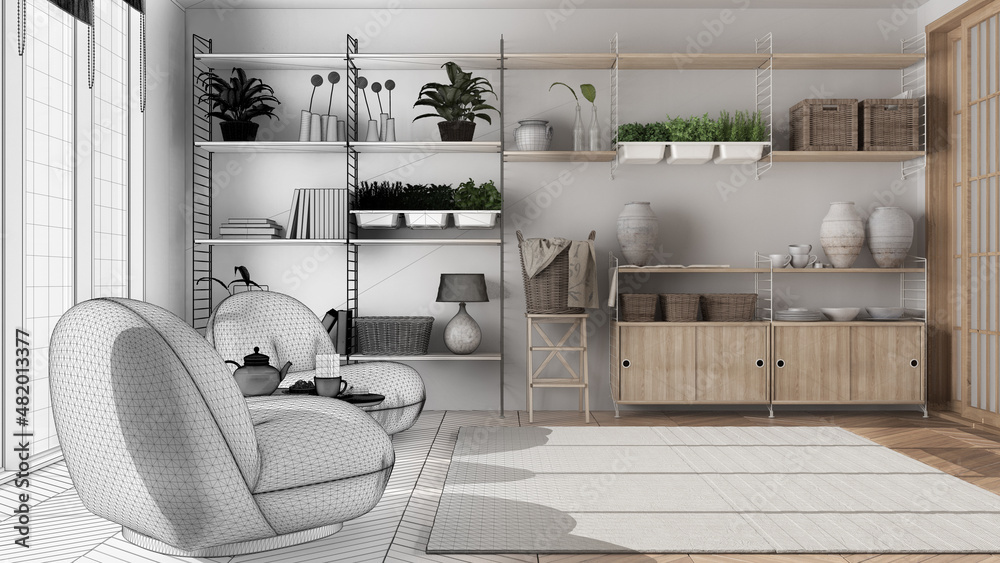 Architect interior designer concept: hand-drawn draft unfinished ...