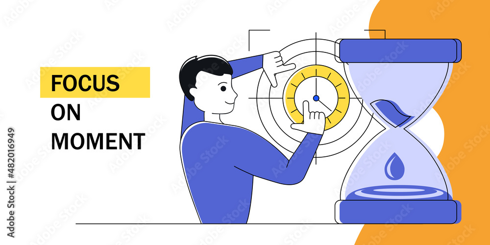 Focus on moment concept. Man with target and hourglass. Vector ...