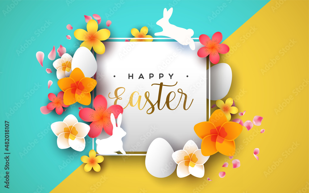 Happy Easter gold rabbit egg spring flower card Stock Vector | Adobe Stock