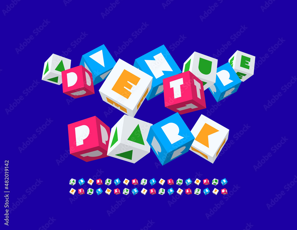Vector playful emblem Adventure Park. Colorful abstract Font. Set of Cube Blocks Alphabet ...
