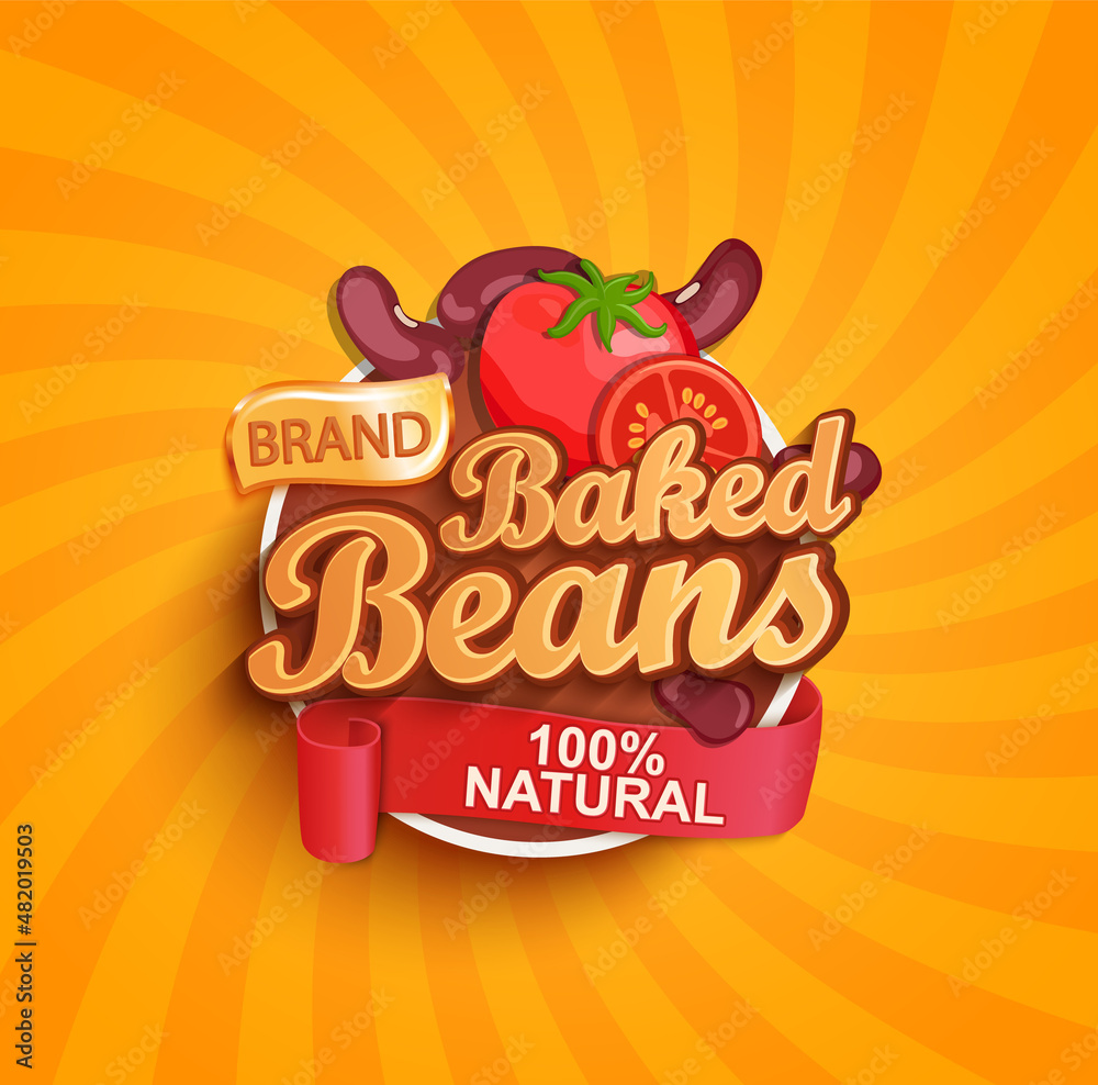 Baked beans logo, label or sticker on sunburst background. Natural ...