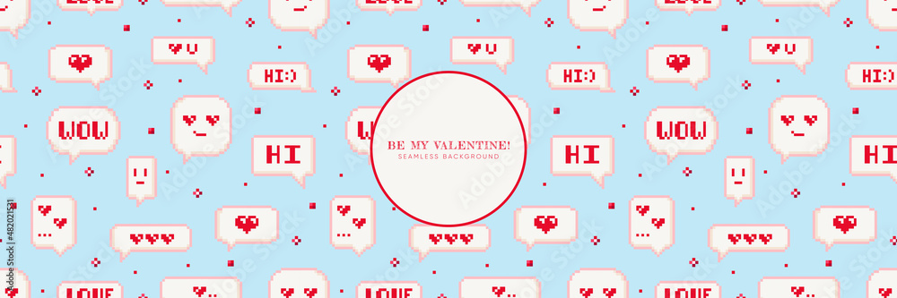 Lovely Seamless pixel art blue background. Love messages, declarations ...
