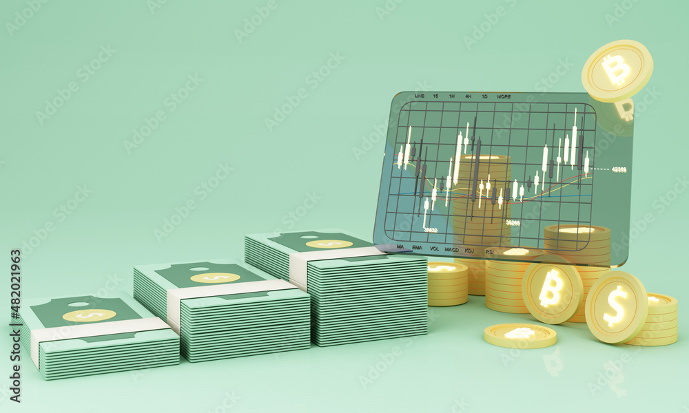 dollar bills and digital currency gold coins It is enclosed around a ...