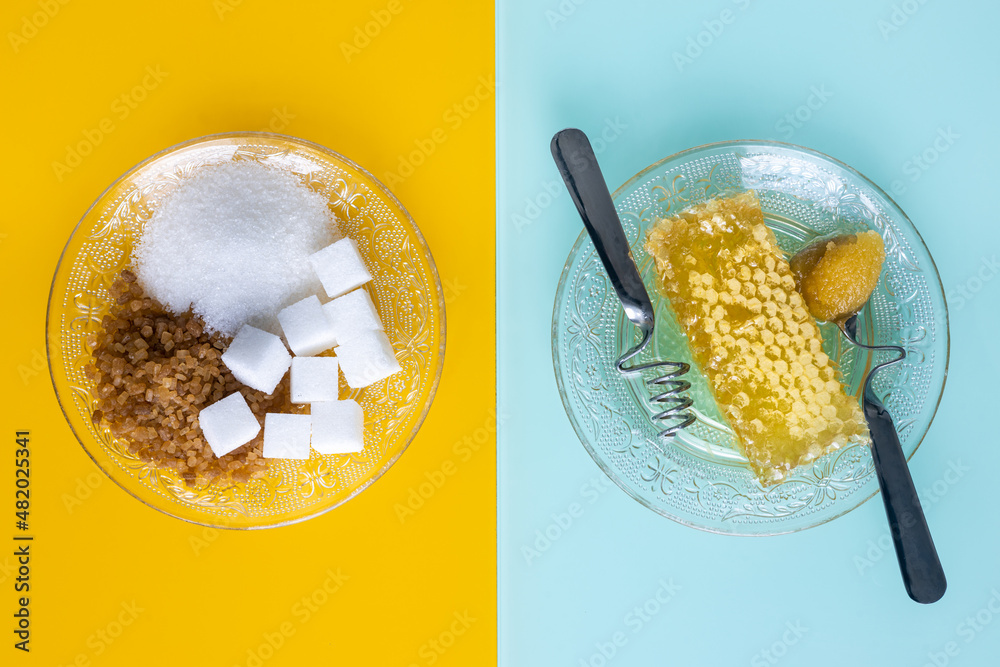 Healthy vs unhealthy sugar, Bi-colored background, Yellow, processed ...