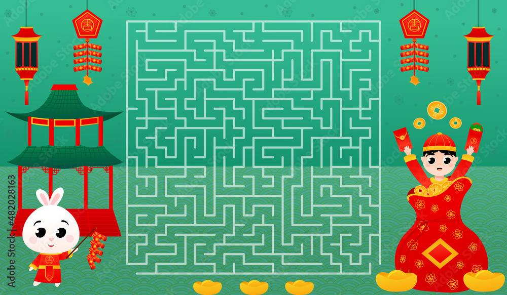 Lunar New year puzzle game with labyrinth, find right way to rabbit ...