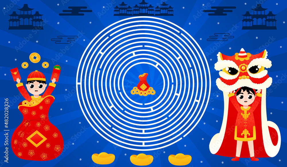 Printable worksheet with circle maze with cute kids in traditional ...