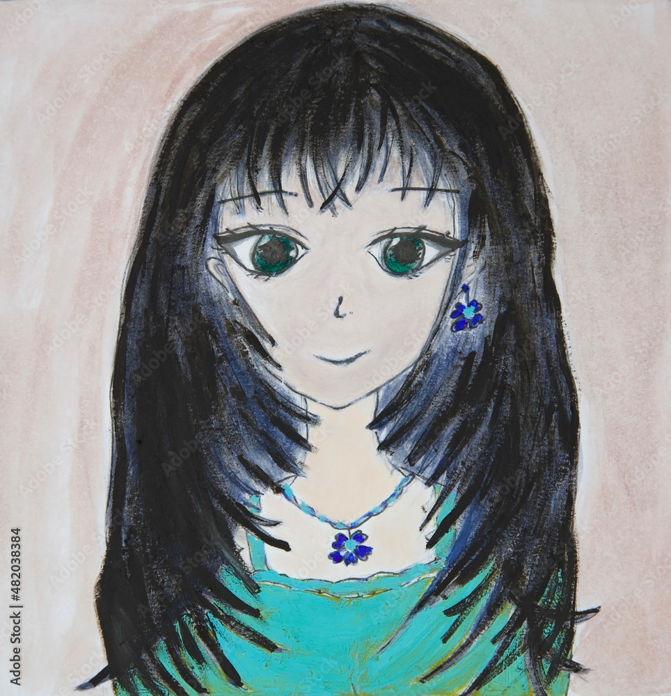 Portrait of a girl in anime style painted with oil paints on paper ...