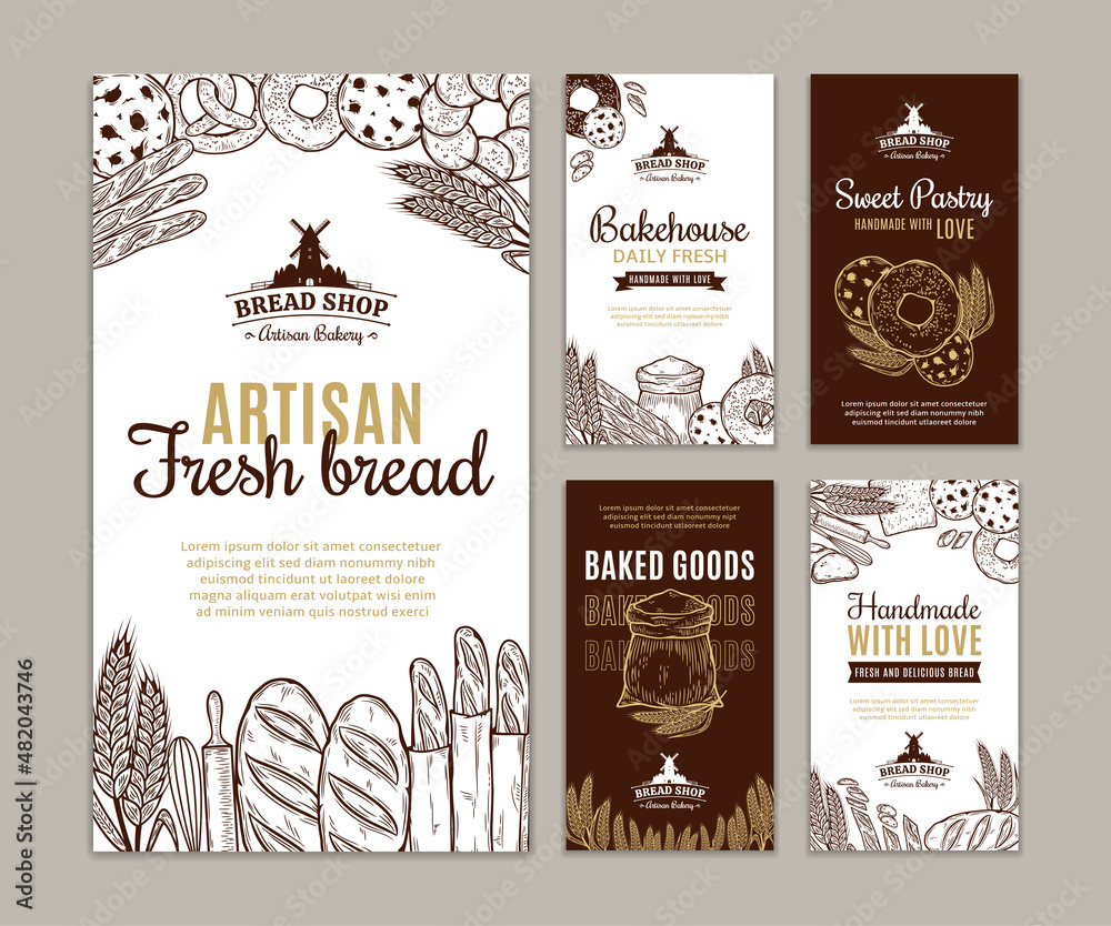 Bakery shop banner templates, backgrounds with baked goods, hand-drawn ...