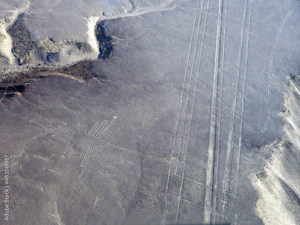 Peru Nazca lines geoglyph Hummingbird in Nasca valley aerial view ...