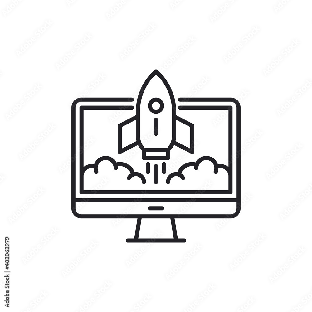 Vecteur Stock Website and Rocket Launch thin line icon, startup concept ...