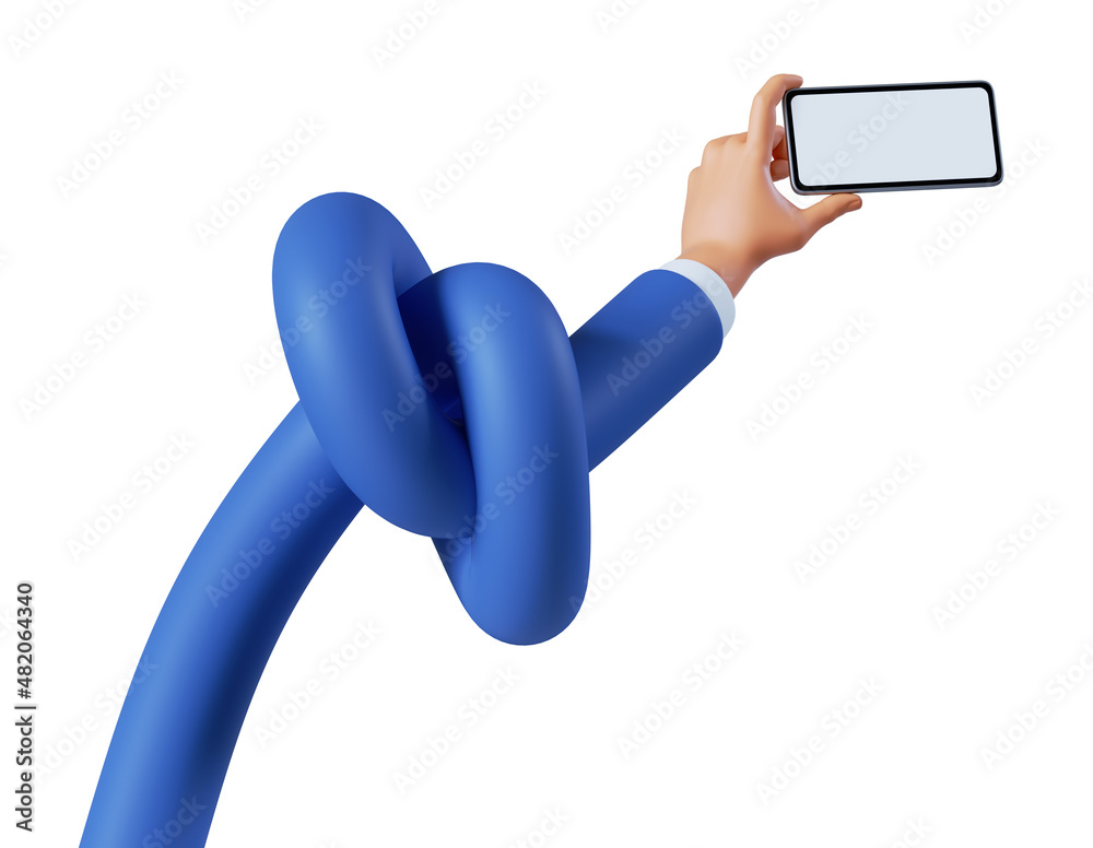 3d render, funny cartoon character flexible hand holds smart phone ...