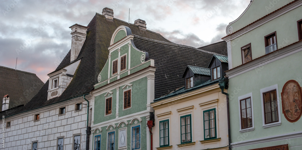 Facades of historic buildings in Český Krumlov, also Bohemian Krumau ...