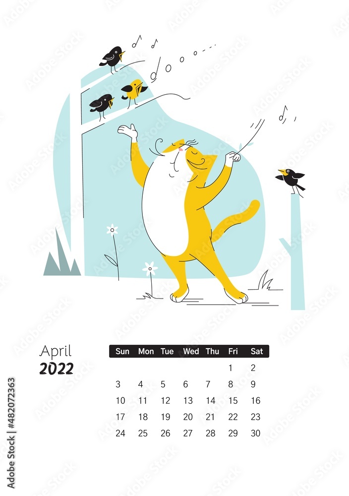Yellow Cat - сalendar for April 2022 with сartoon сharacter cat. Stock ...