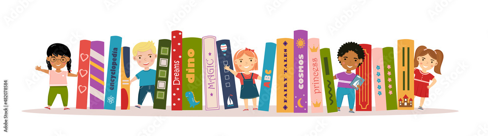 Horizontal banner with childrens and books. Boys and girls are standing ...