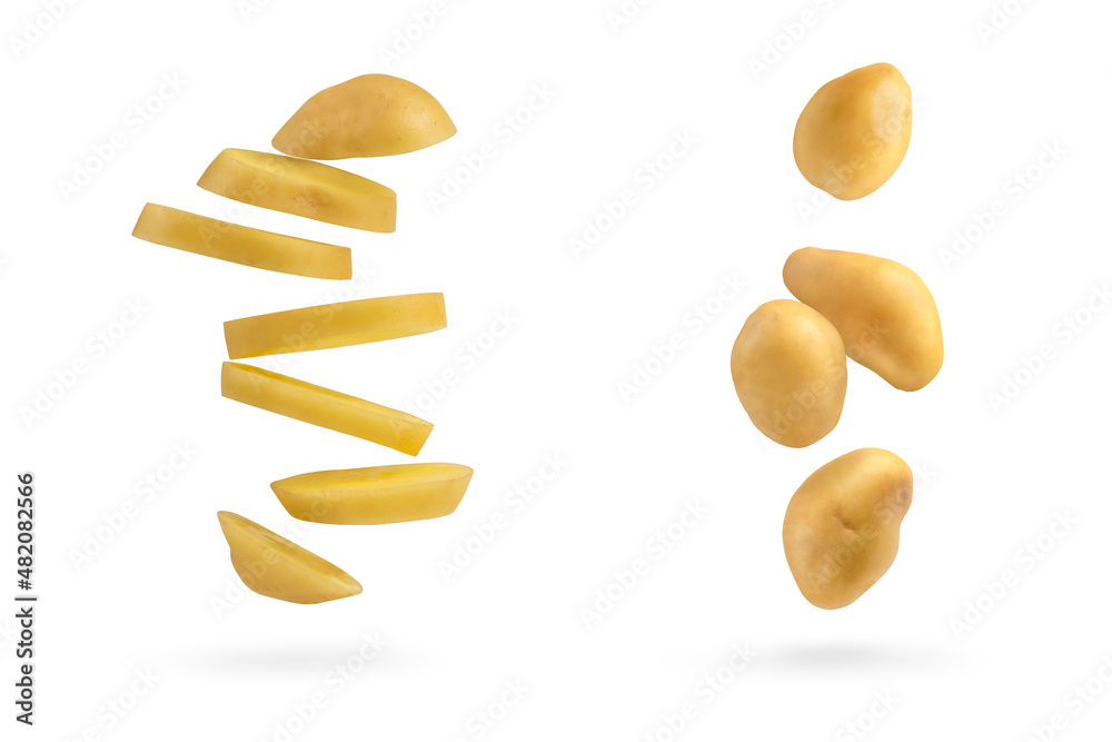 Fresh unpeeled potatoes, isolated on white background. Big set flying ...