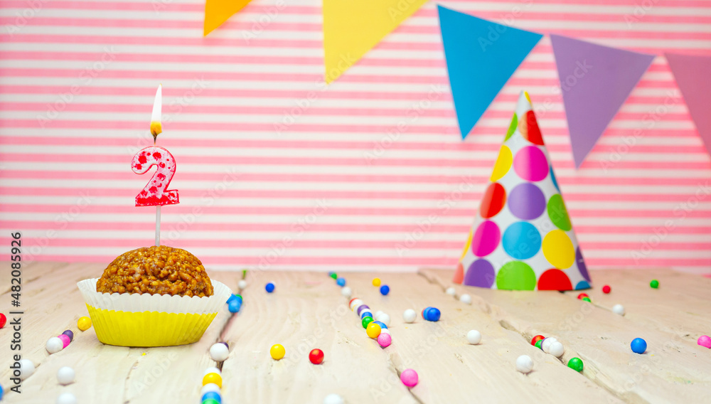 Happy birthday for 2 year old. Festive background with muffin. Copy ...